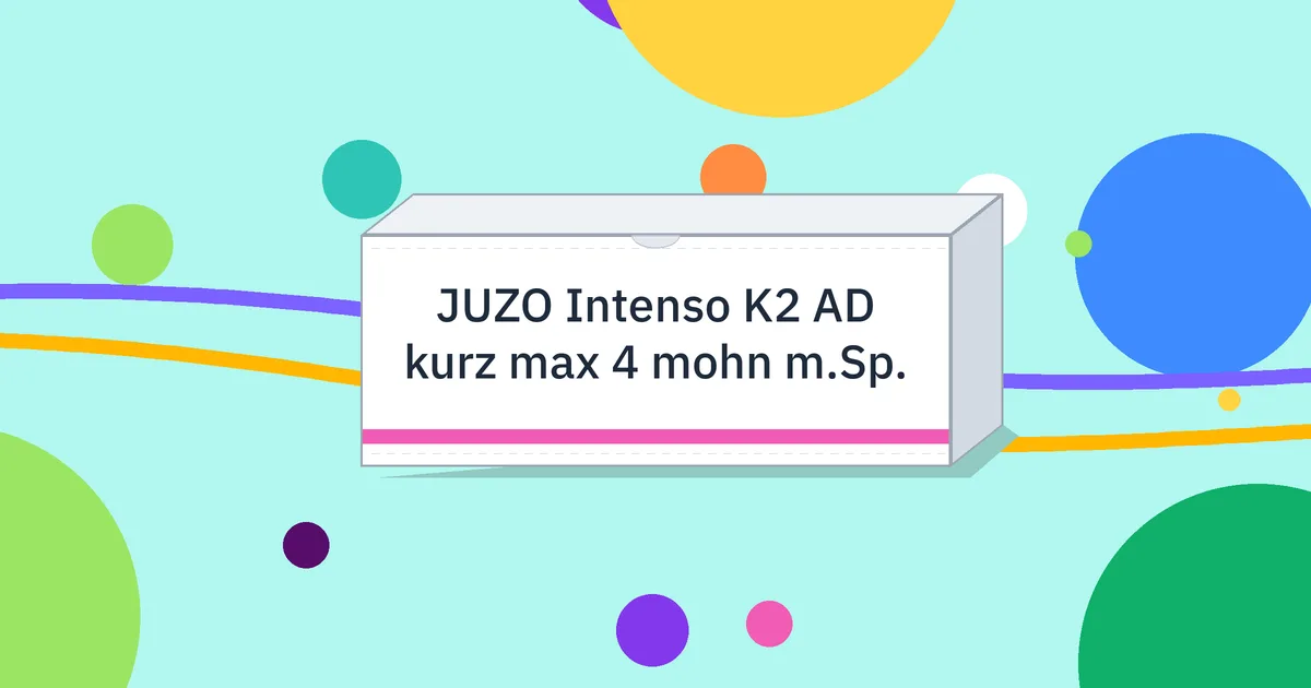 Symbolbild: Packung mit der Aufschrift JUZO Intenso K2 AD kurz max 4 mohn m.Sp. (PZN 18608848) – Verfügbarkeit und Bezug in Apotheken in Frankfurt am Main
