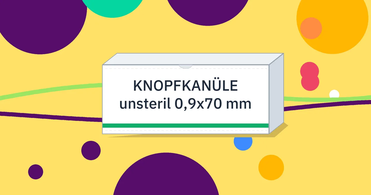 Symbolbild: Packung mit der Aufschrift KNOPFKANÜLE unsteril 0,9x70 mm (PZN 18074022) – Verfügbarkeit und Bezug in Apotheken in Frankfurt am Main