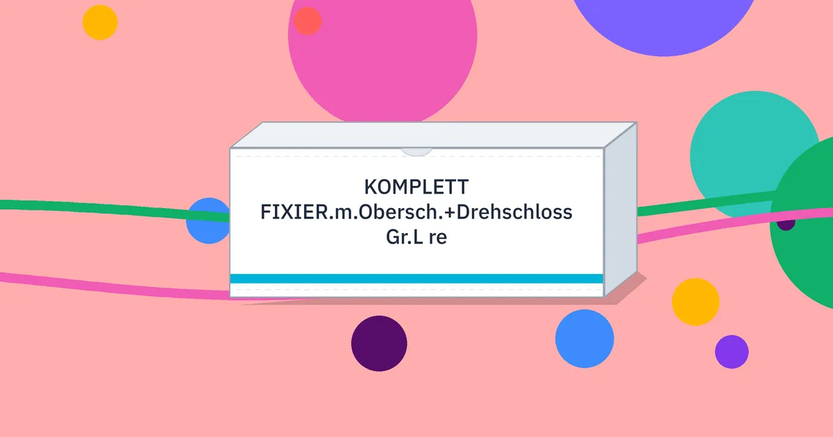 Symbolbild: Packung mit der Aufschrift KOMPLETT FIXIER.m.Obersch.+Drehschloss Gr.L re (PZN 11574017) – Verfügbarkeit und Bezug in Apotheken in Frankfurt am Main