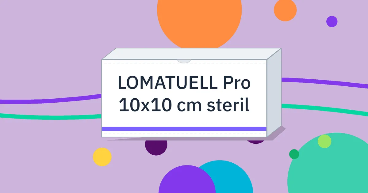 Symbolbild: Packung mit der Aufschrift LOMATUELL Pro 10x10 cm steril (PZN 20609080) – Verfügbarkeit und Bezug in Apotheken in Frankfurt am Main
