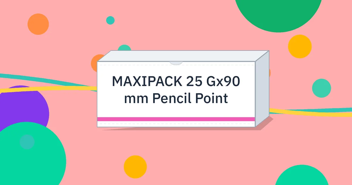 Symbolbild: Packung mit der Aufschrift MAXIPACK 25 Gx90 mm Pencil Point (PZN 09218491) – Verfügbarkeit und Bezug in Apotheken in Frankfurt am Main