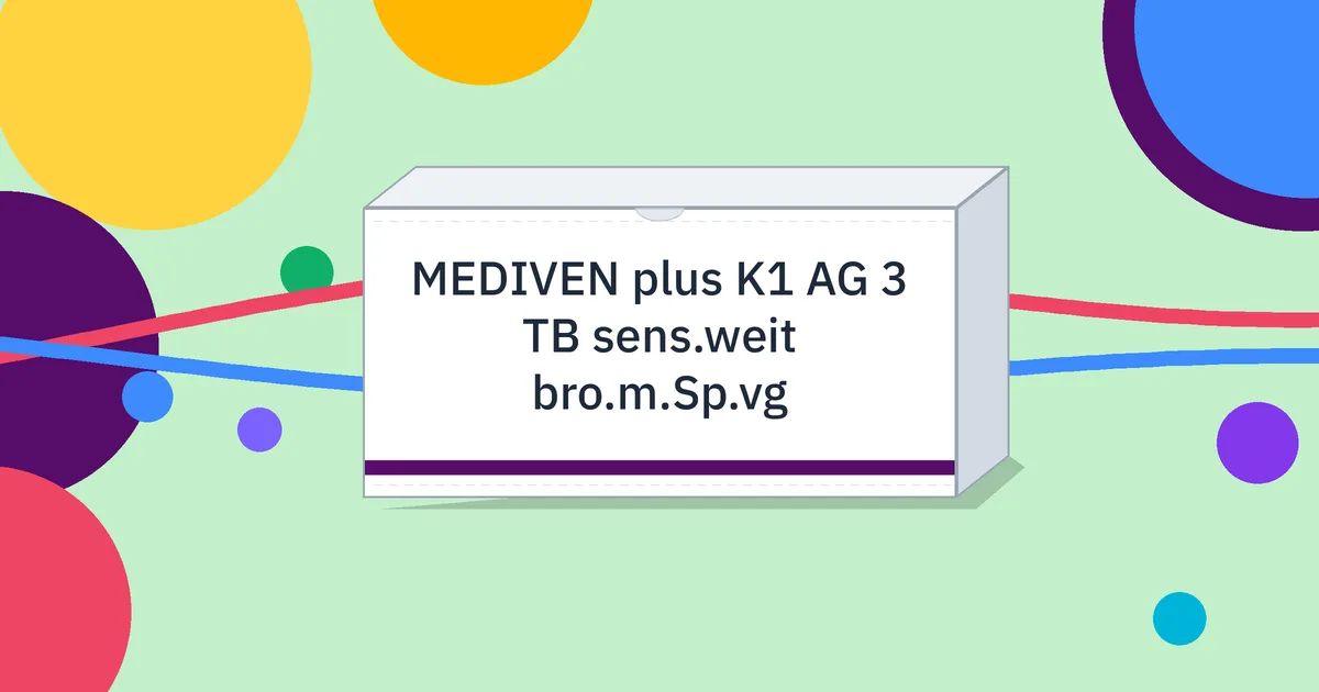 Symbolbild: Packung mit der Aufschrift MEDIVEN plus K1 AG 3 TB sens.weit bro.m.Sp.vg (PZN 15065784) – Verfügbarkeit und Bezug in Apotheken in Frankfurt am Main