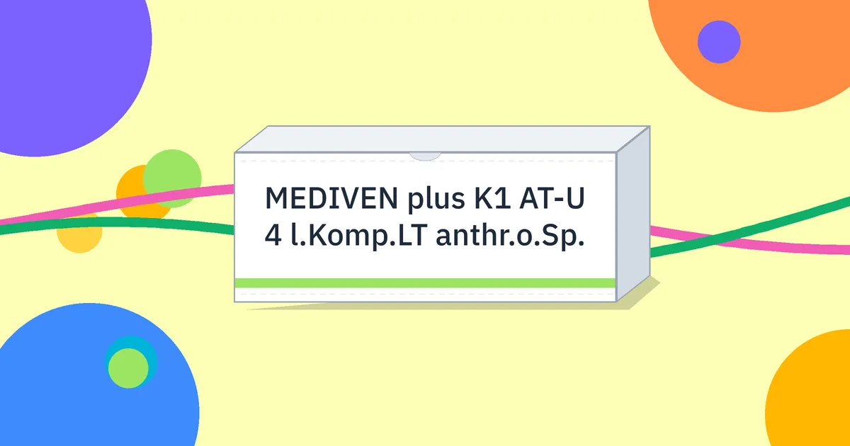 Symbolbild: Packung mit der Aufschrift MEDIVEN plus K1 AT-U 4 l.Komp.LT anthr.o.Sp. (PZN 15032738) – Verfügbarkeit und Bezug in Apotheken in Frankfurt am Main