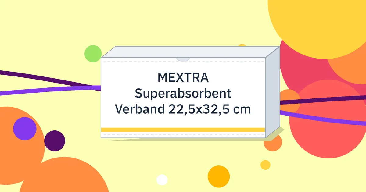 Symbolbild: Packung mit der Aufschrift MEXTRA Superabsorbent Verband 22,5x32,5 cm (PZN 19474841) – Verfügbarkeit und Bezug in Apotheken in Frankfurt am Main