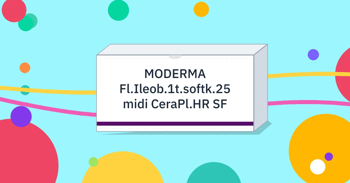 Symbolbild: Packung mit der Aufschrift MODERMA Fl.Ileob.1t.softk.25 midi CeraPl.HR SF (PZN 12417372) – Verfügbarkeit und Bezug in Apotheken in Frankfurt am Main