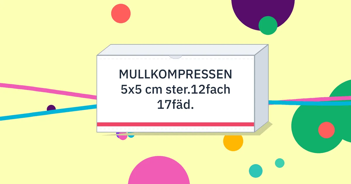 Symbolbild: Packung mit der Aufschrift MULLKOMPRESSEN 5x5 cm ster.12fach 17fäd. (PZN 06929949) – Verfügbarkeit und Bezug in Apotheken in Frankfurt am Main