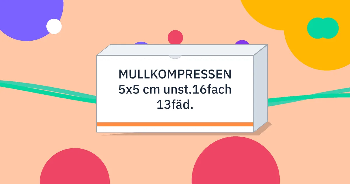 Symbolbild: Packung mit der Aufschrift MULLKOMPRESSEN 5x5 cm unst.16fach 13fäd. (PZN 06928401) – Verfügbarkeit und Bezug in Apotheken in Frankfurt am Main