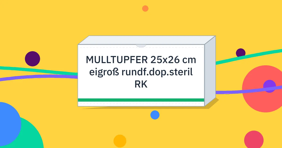 Symbolbild: Packung mit der Aufschrift MULLTUPFER 25x26 cm eigroß rundf.dop.steril RK (PZN 13165240) – Verfügbarkeit und Bezug in Apotheken in Frankfurt am Main