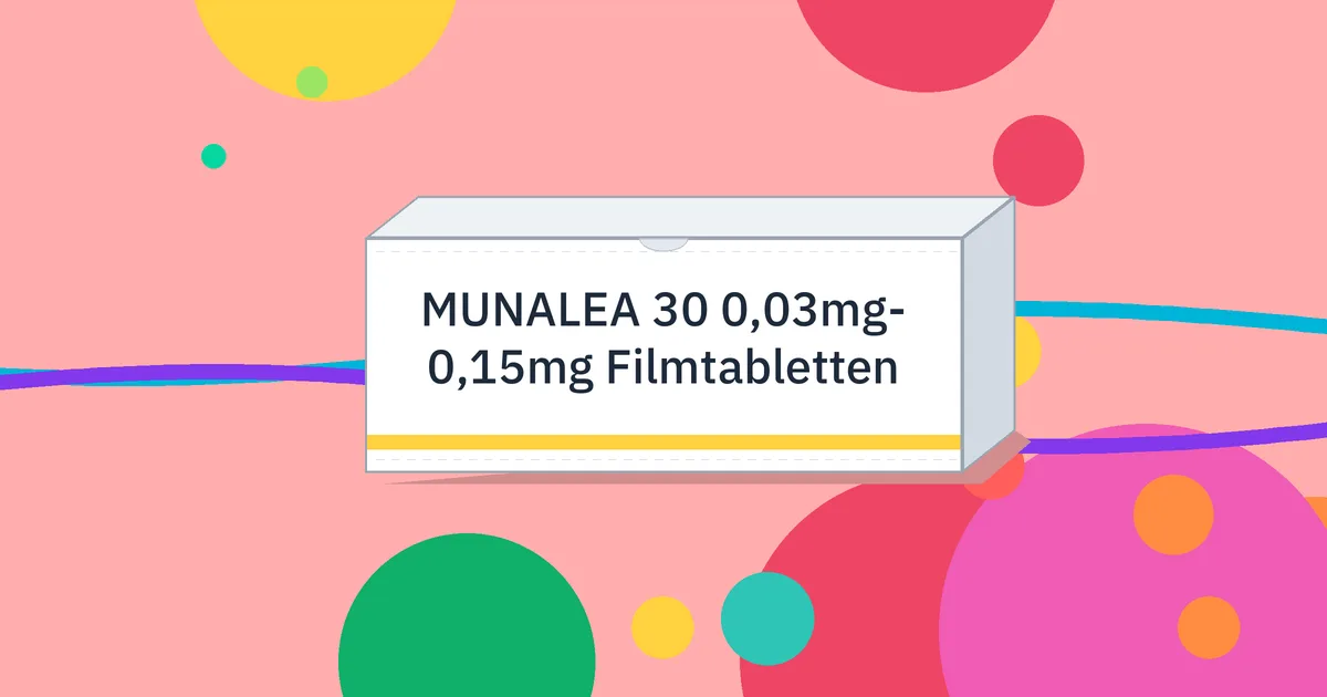 Symbolbild: Packung mit der Aufschrift MUNALEA 30 0,03mg-0,15mg Filmtabletten (PZN 08720828) – Verfügbarkeit und Bezug in Apotheken in Frankfurt am Main