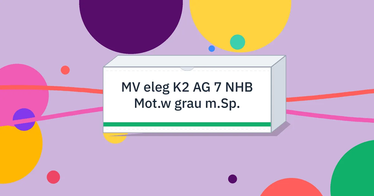 Symbolbild: Packung mit der Aufschrift MV eleg K2 AG 7 NHB Mot.w grau m.Sp. (PZN 18931319) – Verfügbarkeit und Bezug in Apotheken in Frankfurt am Main