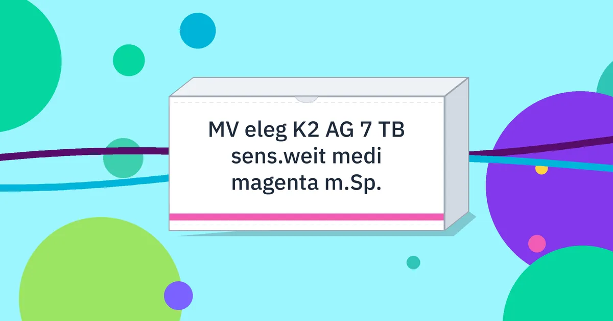 Symbolbild: Packung mit der Aufschrift MV eleg K2 AG 7 TB sens.weit medi magenta m.Sp. (PZN 14641458) – Verfügbarkeit und Bezug in Apotheken in Frankfurt am Main
