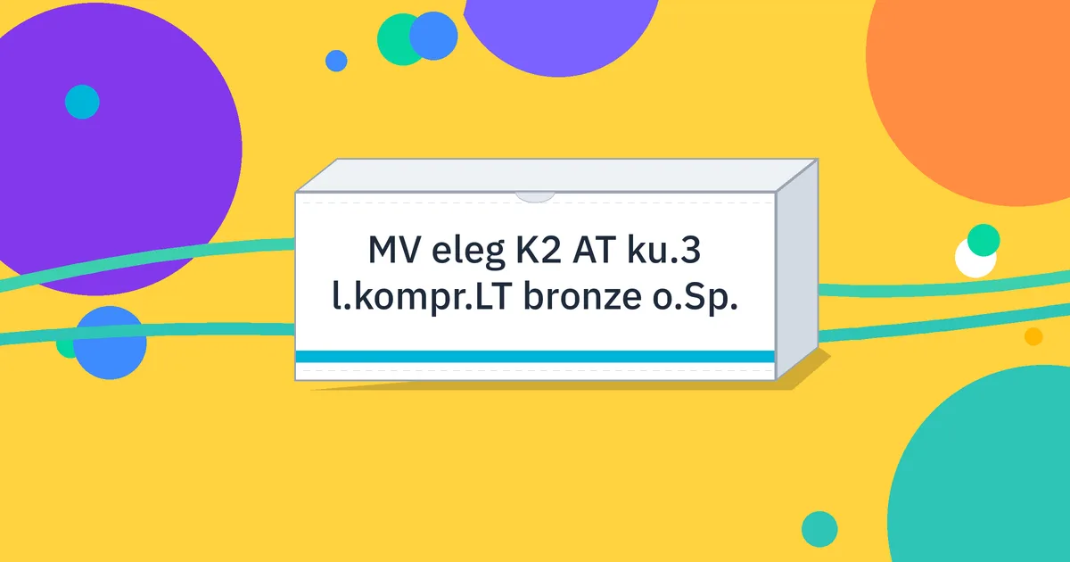Symbolbild: Packung mit der Aufschrift MV eleg K2 AT ku.3 l.kompr.LT bronze o.Sp. (PZN 15287504) – Verfügbarkeit und Bezug in Apotheken in Frankfurt am Main