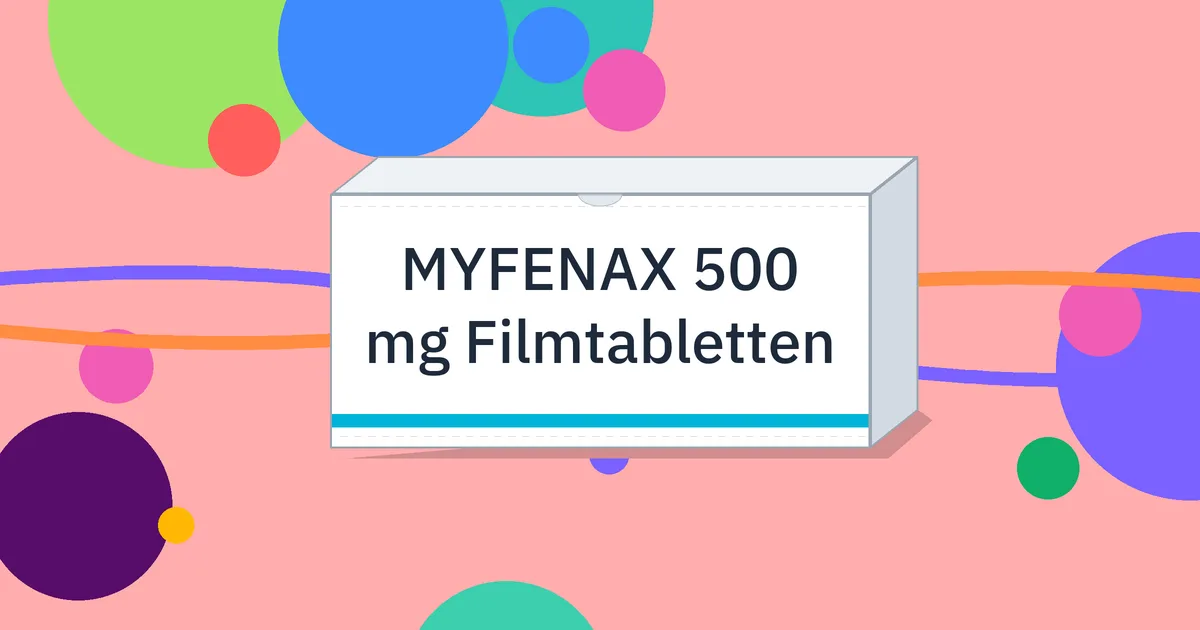 Symbolbild: Packung mit der Aufschrift MYFENAX 500 mg Filmtabletten (PZN 14131964) – Verfügbarkeit und Bezug in Apotheken in Frankfurt am Main