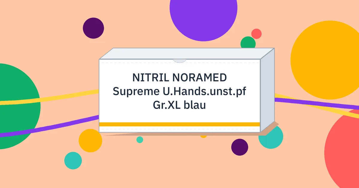 Symbolbild: Packung mit der Aufschrift NITRIL NORAMED Supreme U.Hands.unst.pf Gr.XL blau (PZN 15745390) – Verfügbarkeit und Bezug in Apotheken in Frankfurt am Main