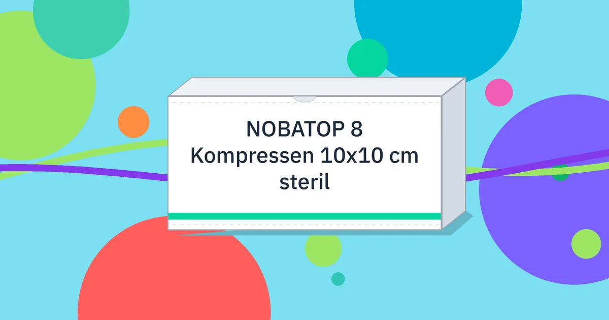 Symbolbild: Packung mit der Aufschrift NOBATOP 8 Kompressen 10x10 cm steril (PZN 02196119) – Verfügbarkeit und Bezug in Apotheken in Frankfurt am Main
