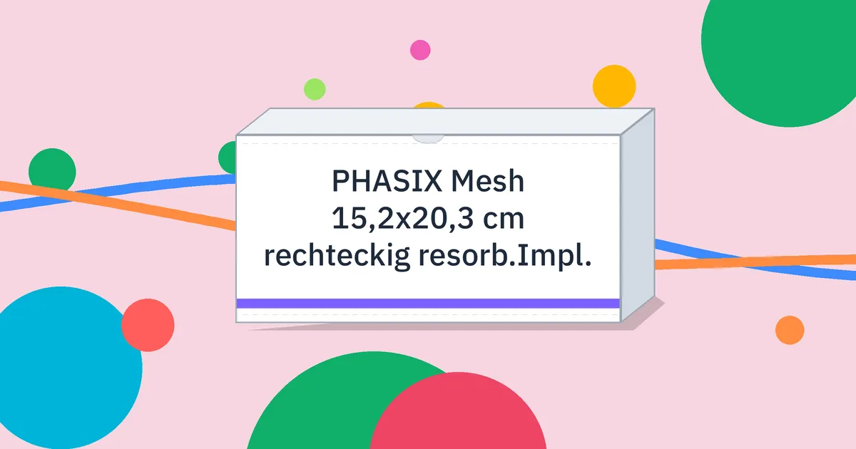 Symbolbild: Packung mit der Aufschrift PHASIX Mesh 15,2x20,3 cm rechteckig resorb.Impl. (PZN 11228261) – Verfügbarkeit und Bezug in Apotheken in Frankfurt am Main