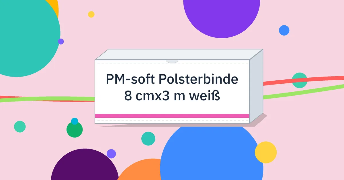 Symbolbild: Packung mit der Aufschrift PM-soft Polsterbinde 8 cmx3 m weiß (PZN 18844767) – Verfügbarkeit und Bezug in Apotheken in Frankfurt am Main