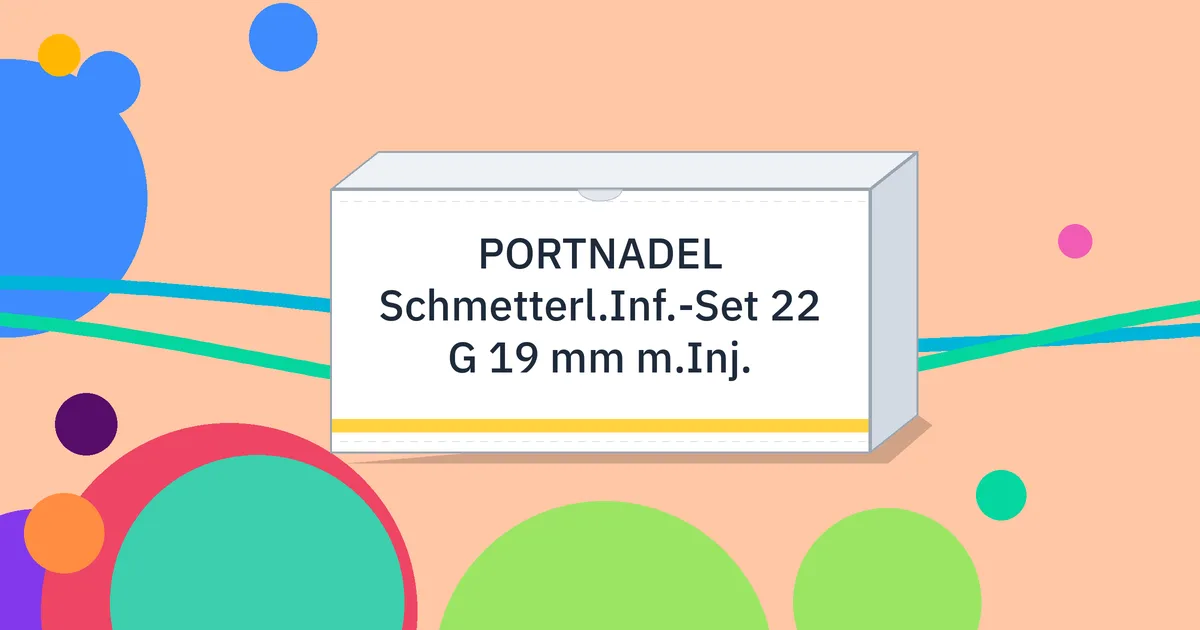 Symbolbild: Packung mit der Aufschrift PORTNADEL Schmetterl.Inf.-Set 22 G 19 mm m.Inj. (PZN 02756216) – Verfügbarkeit und Bezug in Apotheken in Frankfurt am Main