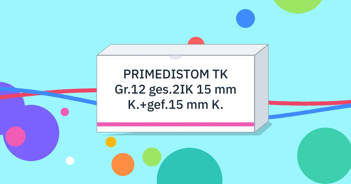 Symbolbild: Packung mit der Aufschrift PRIMEDISTOM TK Gr.12 ges.2IK 15 mm K.+gef.15 mm K. (PZN 10230020) – Verfügbarkeit und Bezug in Apotheken in Frankfurt am Main