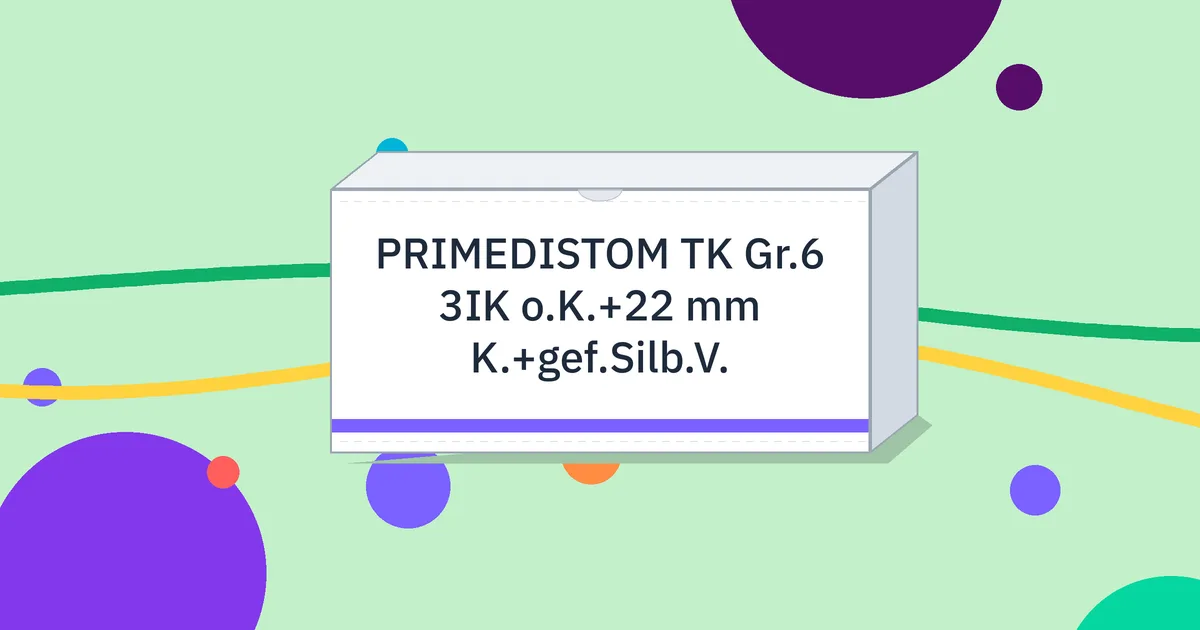 Symbolbild: Packung mit der Aufschrift PRIMEDISTOM TK Gr.6 3IK o.K.+22 mm K.+gef.Silb.V. (PZN 10262669) – Verfügbarkeit und Bezug in Apotheken in Frankfurt am Main