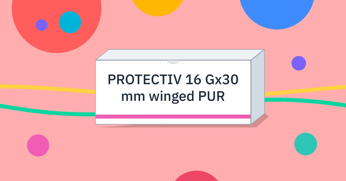 Symbolbild: Packung mit der Aufschrift PROTECTIV 16 Gx30 mm winged PUR (PZN 09104540) – Verfügbarkeit und Bezug in Apotheken in Frankfurt am Main