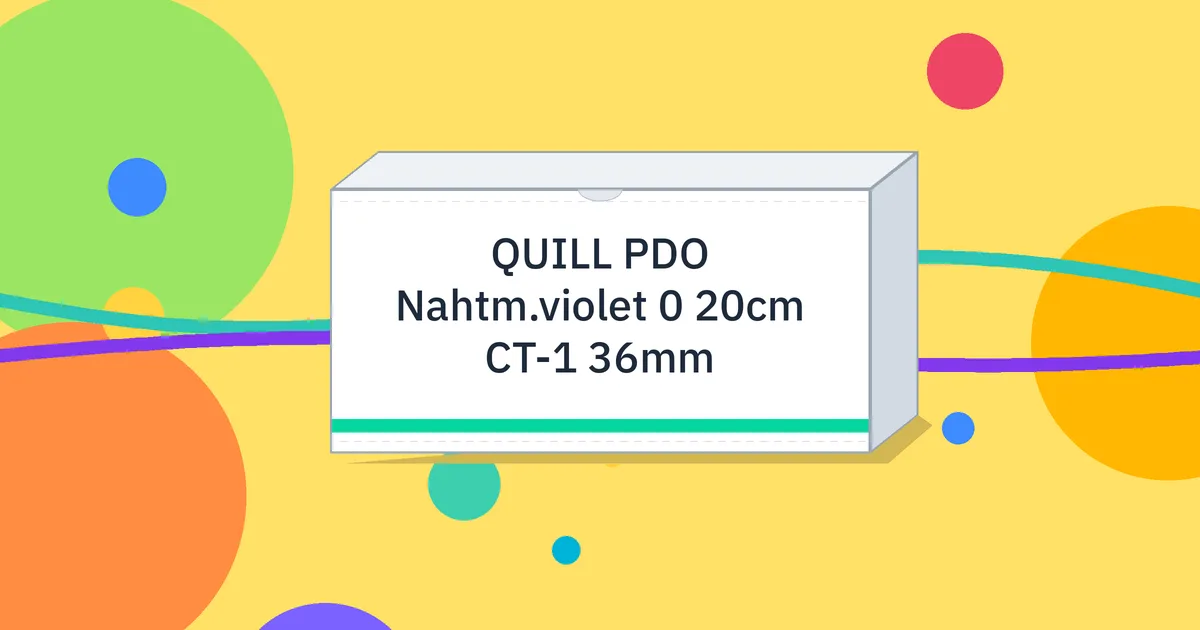 Symbolbild: Packung mit der Aufschrift QUILL PDO Nahtm.violet 0 20cm CT-1 36mm (PZN 17989989) – Verfügbarkeit und Bezug in Apotheken in Frankfurt am Main