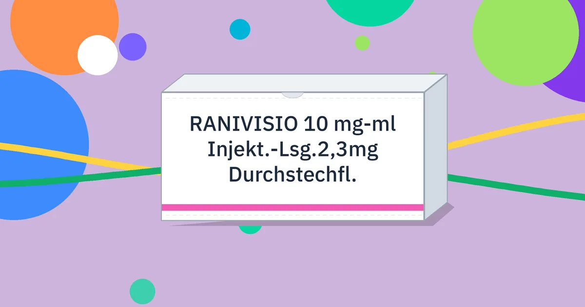 Symbolbild: Packung mit der Aufschrift RANIVISIO 10 mg-ml Injekt.-Lsg.2,3mg Durchstechfl. (PZN 19430200) – Verfügbarkeit und Bezug in Apotheken in Frankfurt am Main
