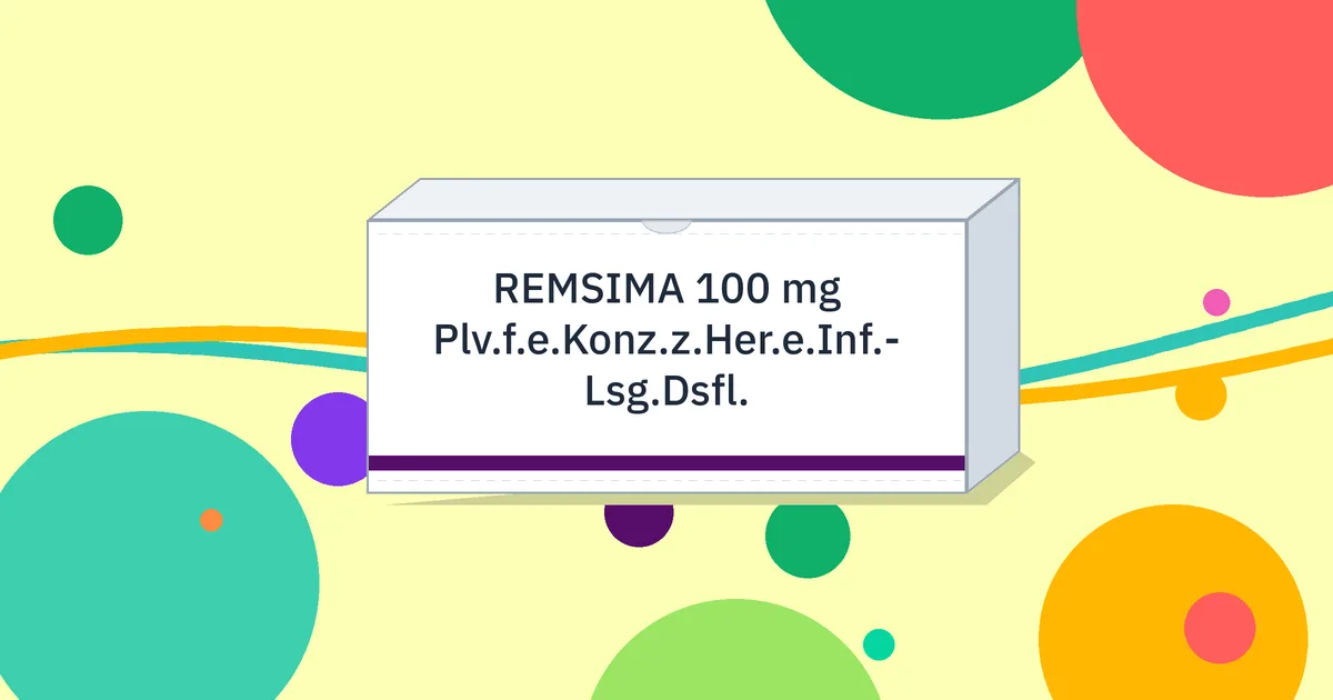 Symbolbild: Packung mit der Aufschrift REMSIMA 100 mg Plv.f.e.Konz.z.Her.e.Inf.-Lsg.Dsfl. (PZN 15433897) – Verfügbarkeit und Bezug in Apotheken in Frankfurt am Main