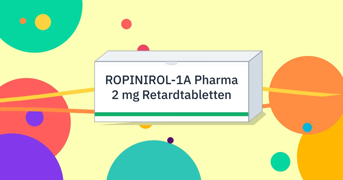 Symbolbild: Packung mit der Aufschrift ROPINIROL-1A Pharma 2 mg Retardtabletten (PZN 20275029) – Verfügbarkeit und Bezug in Apotheken in Frankfurt am Main