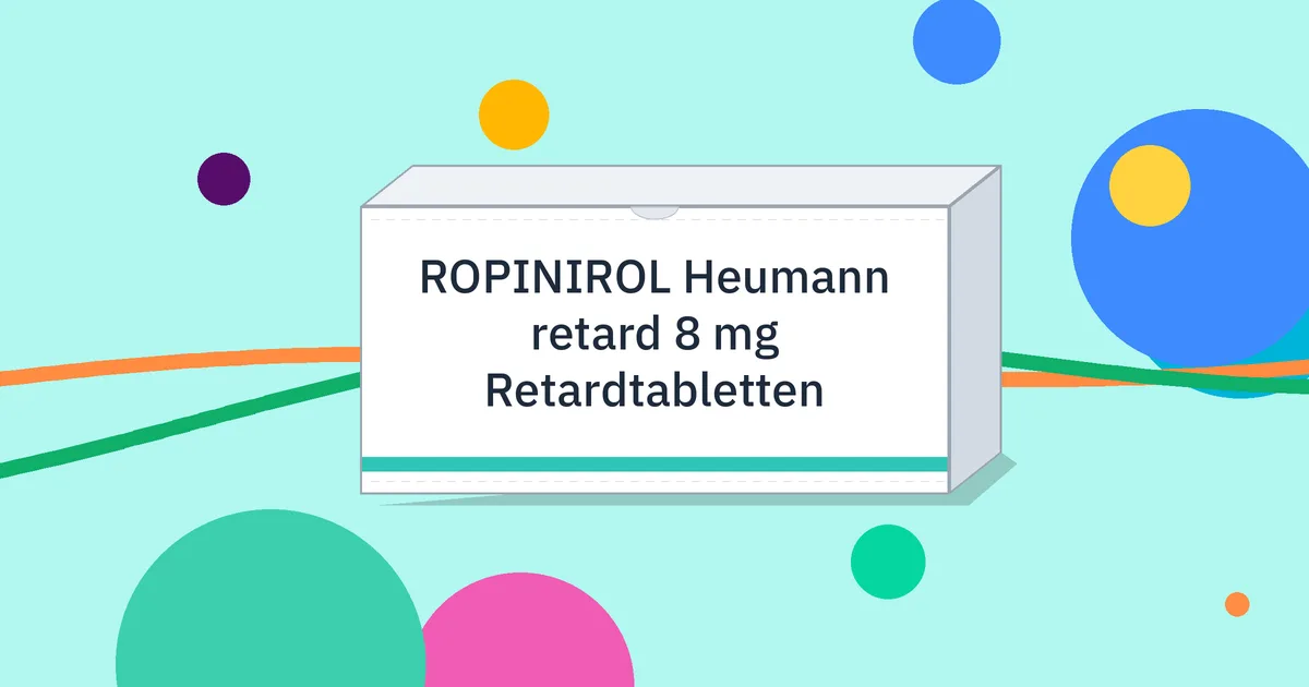 Symbolbild: Packung mit der Aufschrift ROPINIROL Heumann retard 8 mg Retardtabletten (PZN 10065242) – Verfügbarkeit und Bezug in Apotheken in Frankfurt am Main