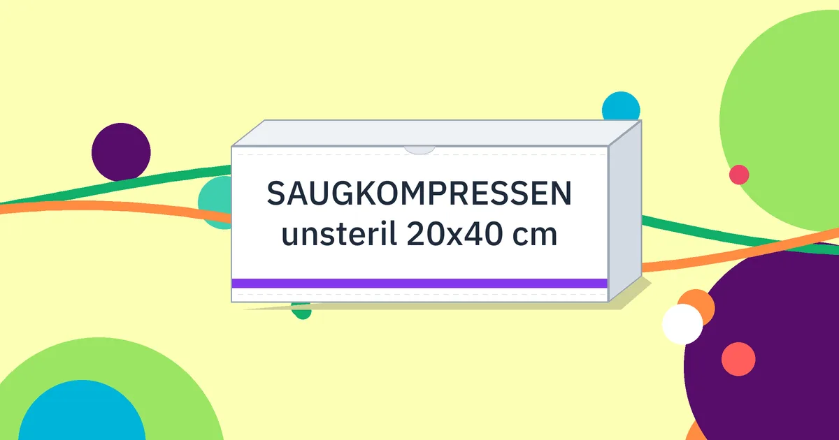 Symbolbild: Packung mit der Aufschrift SAUGKOMPRESSEN unsteril 20x40 cm (PZN 17923418) – Verfügbarkeit und Bezug in Apotheken in Frankfurt am Main