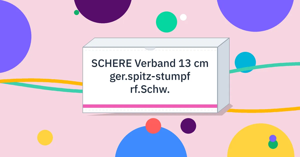 Symbolbild: Packung mit der Aufschrift SCHERE Verband 13 cm ger.spitz-stumpf rf.Schw. (PZN 10915574) – Verfügbarkeit und Bezug in Apotheken in Frankfurt am Main