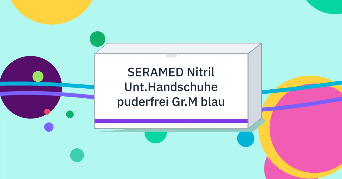 Symbolbild: Packung mit der Aufschrift SERAMED Nitril Unt.Handschuhe puderfrei Gr.M blau (PZN 18026773) – Verfügbarkeit und Bezug in Apotheken in Frankfurt am Main