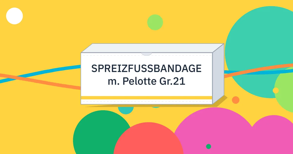 Symbolbild: Packung mit der Aufschrift SPREIZFUSSBANDAGE m. Pelotte Gr.21 (PZN 01736565) – Verfügbarkeit und Bezug in Apotheken in Frankfurt am Main