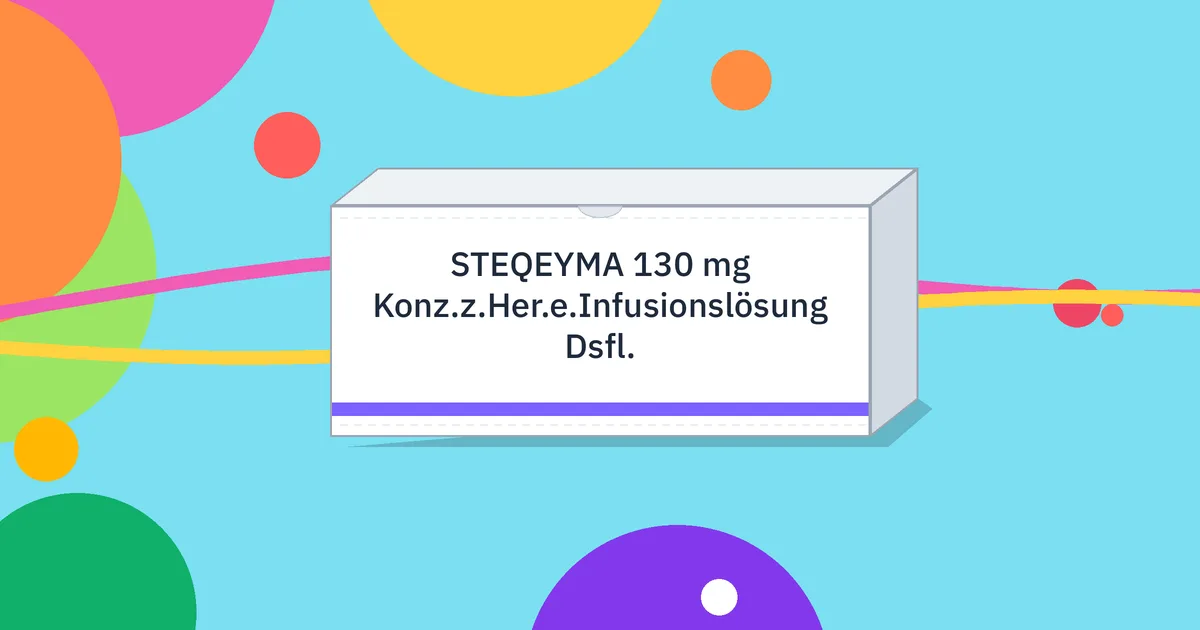 Symbolbild: Packung mit der Aufschrift STEQEYMA 130 mg Konz.z.Her.e.Infusionslösung Dsfl. (PZN 19778966) – Verfügbarkeit und Bezug in Apotheken in Frankfurt am Main