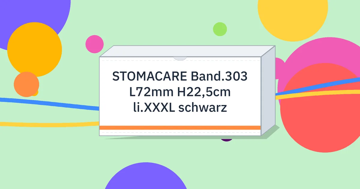 Symbolbild: Packung mit der Aufschrift STOMACARE Band.303 L72mm H22,5cm li.XXXL schwarz (PZN 10841108) – Verfügbarkeit und Bezug in Apotheken in Frankfurt am Main
