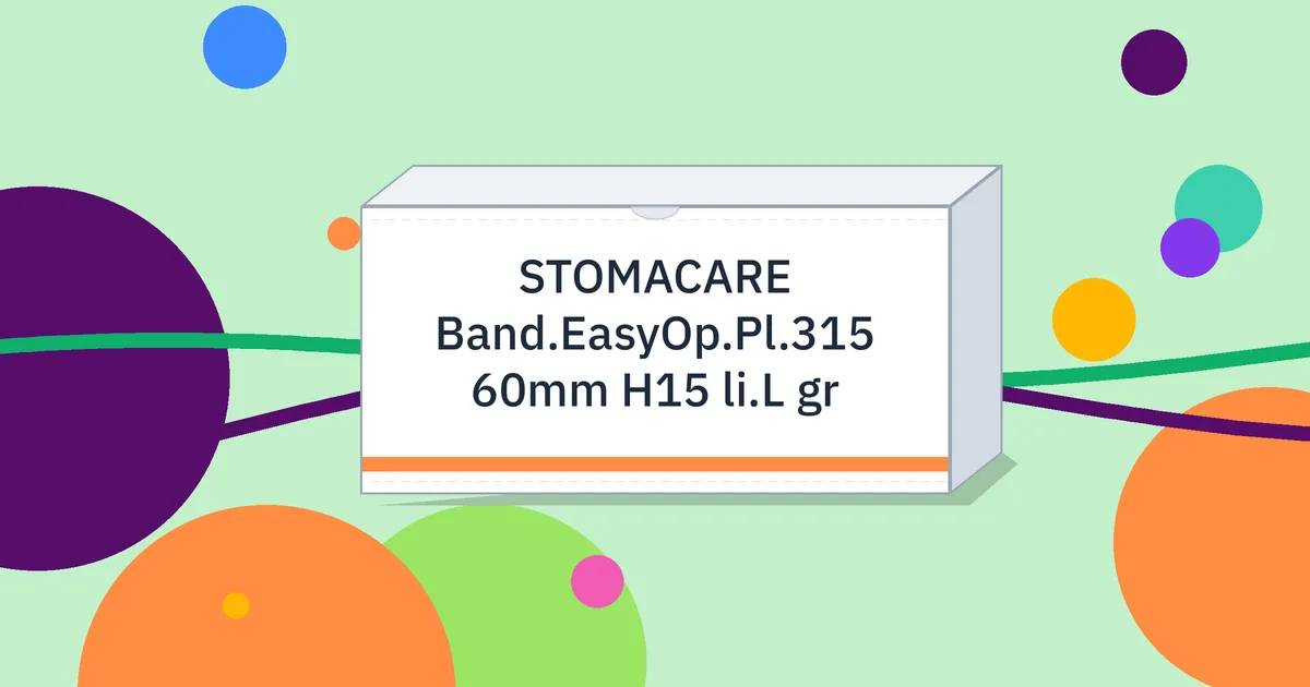 Symbolbild: Packung mit der Aufschrift STOMACARE Band.EasyOp.Pl.315 60mm H15 li.L gr (PZN 17905426) – Verfügbarkeit und Bezug in Apotheken in Frankfurt am Main