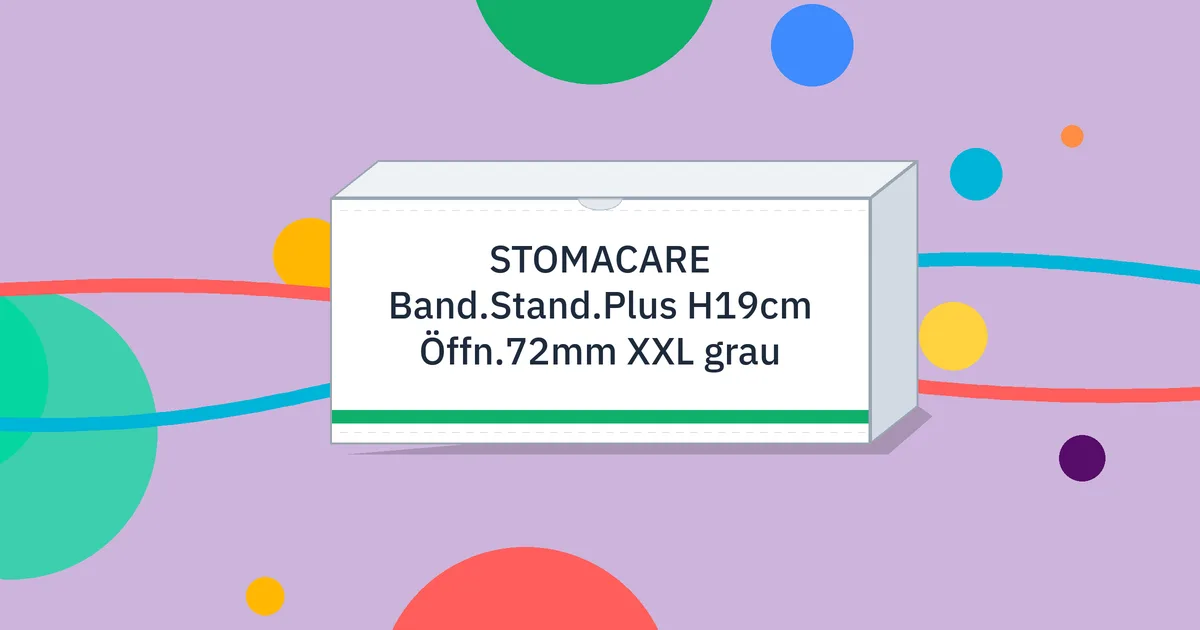 Symbolbild: Packung mit der Aufschrift STOMACARE Band.Stand.Plus H19cm Öffn.72mm XXL grau (PZN 16750648) – Verfügbarkeit und Bezug in Apotheken in Frankfurt am Main