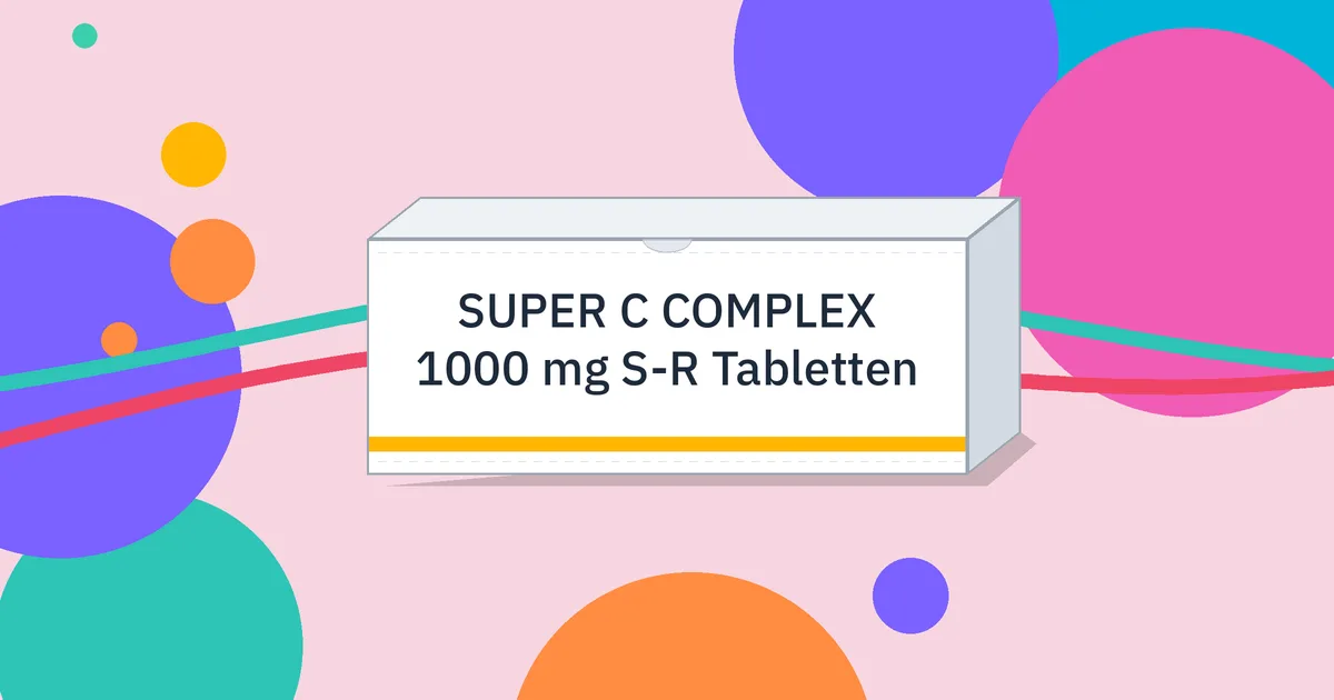 Symbolbild: Packung mit der Aufschrift SUPER C COMPLEX 1000 mg S-R Tabletten (PZN 14385624) – Verfügbarkeit und Bezug in Apotheken in Frankfurt am Main