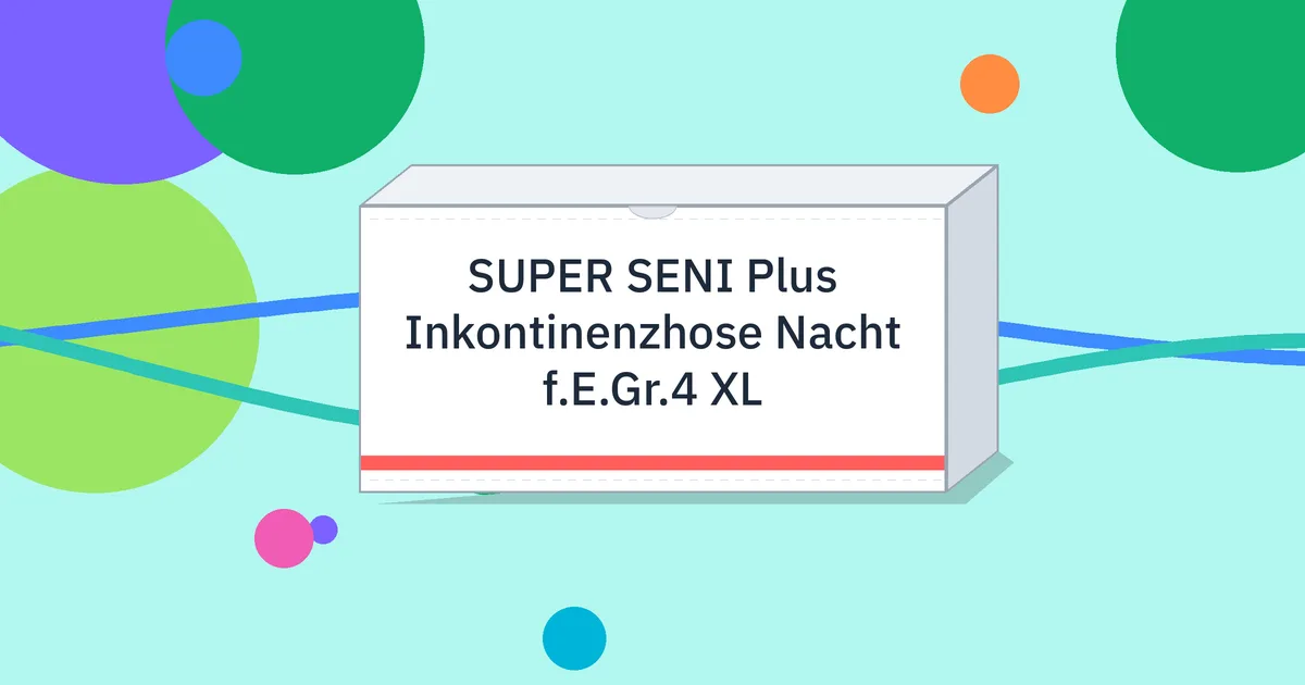 Symbolbild: Packung mit der Aufschrift SUPER SENI Plus Inkontinenzhose Nacht f.E.Gr.4 XL (PZN 12664544) – Verfügbarkeit und Bezug in Apotheken in Frankfurt am Main