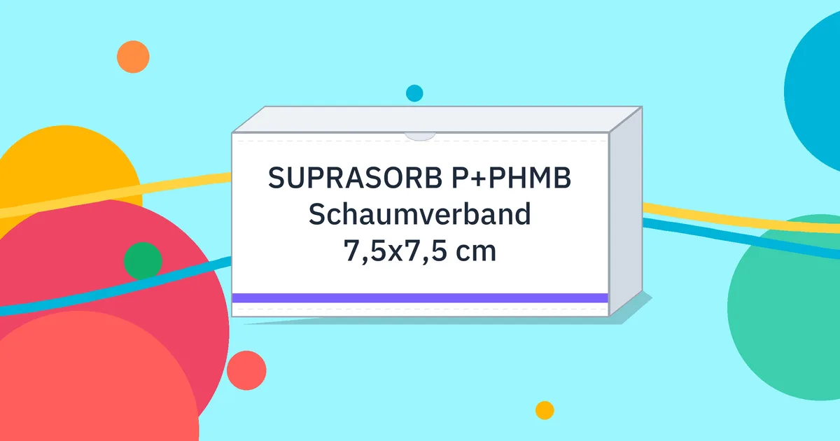 Symbolbild: Packung mit der Aufschrift SUPRASORB P+PHMB Schaumverband 7,5x7,5 cm (PZN 15378655) – Verfügbarkeit und Bezug in Apotheken in Frankfurt am Main