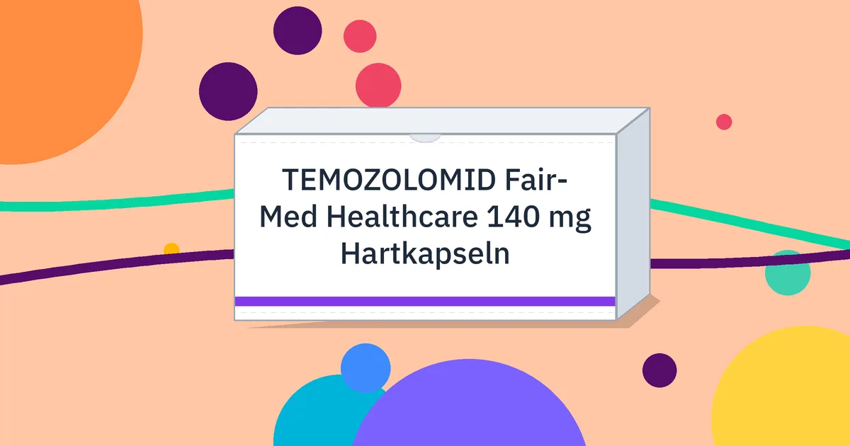 Symbolbild: Packung mit der Aufschrift TEMOZOLOMID Fair-Med Healthcare 140 mg Hartkapseln (PZN 14168039) – Verfügbarkeit und Bezug in Apotheken in Frankfurt am Main