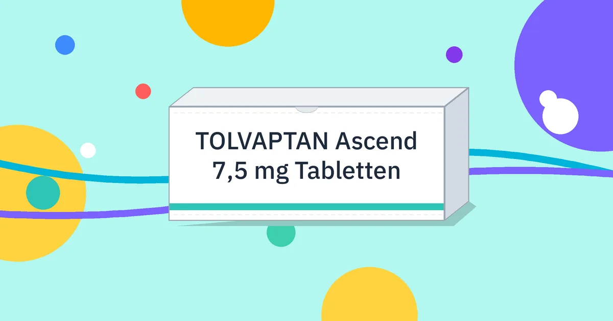 Symbolbild: Packung mit der Aufschrift TOLVAPTAN Ascend 7,5 mg Tabletten (PZN 19184681) – Verfügbarkeit und Bezug in Apotheken in Frankfurt am Main