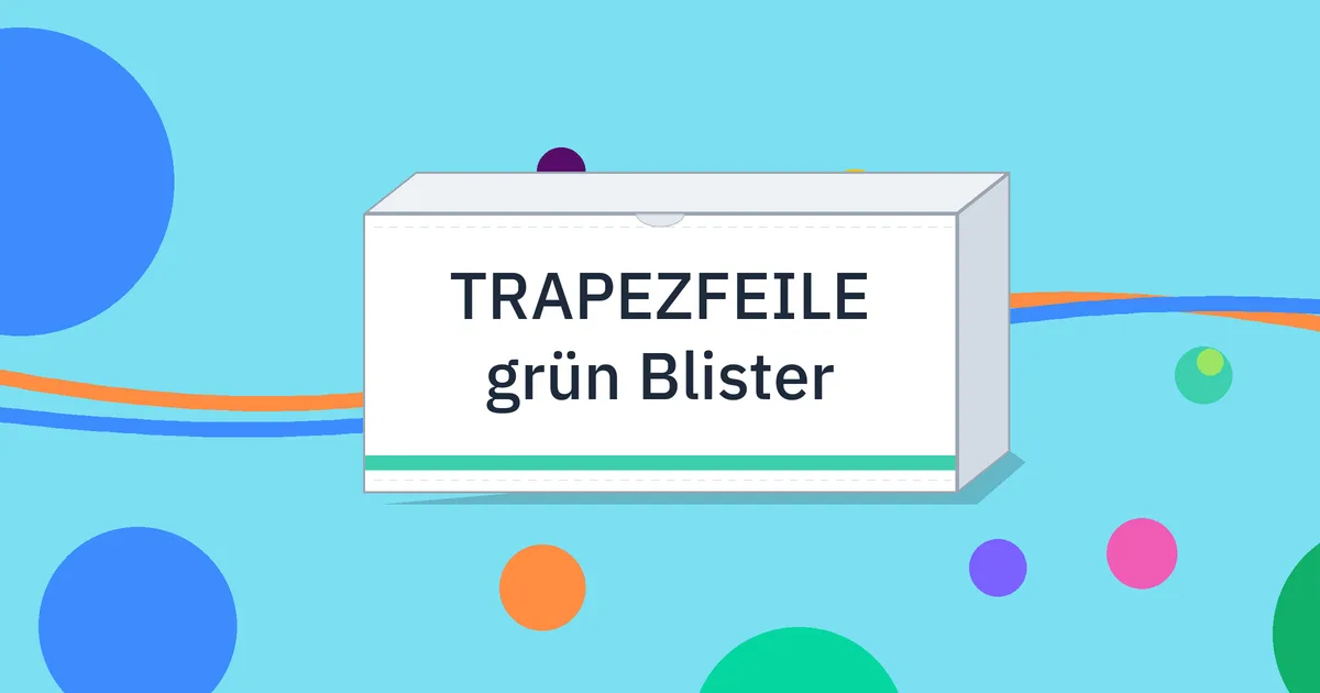 Symbolbild: Packung mit der Aufschrift TRAPEZFEILE grün Blister (PZN 10349985) – Verfügbarkeit und Bezug in Apotheken in Frankfurt am Main