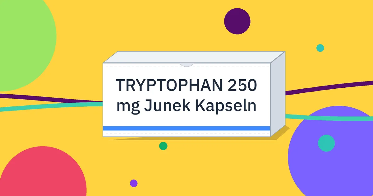 Symbolbild: Packung mit der Aufschrift TRYPTOPHAN 250 mg Junek Kapseln (PZN 00983333) – Verfügbarkeit und Bezug in Apotheken in Frankfurt am Main