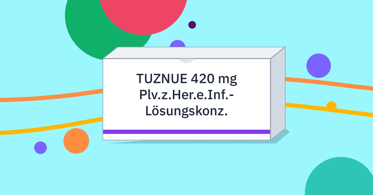 Symbolbild: Packung mit der Aufschrift TUZNUE 420 mg Plv.z.Her.e.Inf.-Lösungskonz. (PZN 19681853) – Verfügbarkeit und Bezug in Apotheken in Frankfurt am Main