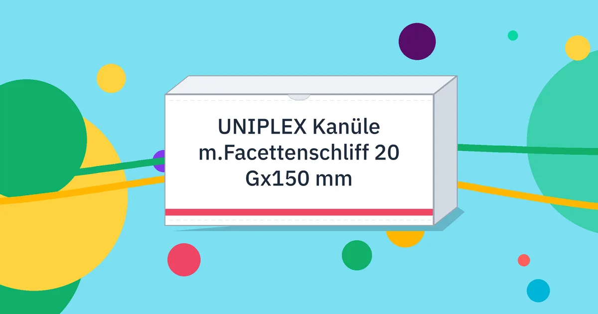 Symbolbild: Packung mit der Aufschrift UNIPLEX Kanüle m.Facettenschliff 20 Gx150 mm (PZN 03944687) – Verfügbarkeit und Bezug in Apotheken in Frankfurt am Main