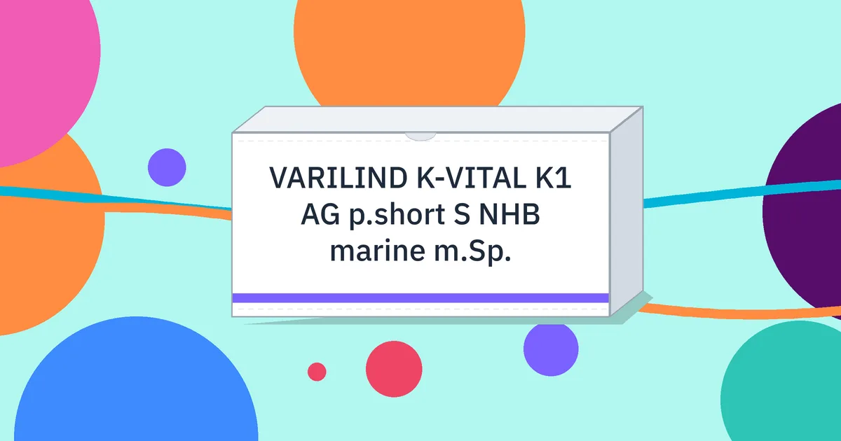 Symbolbild: Packung mit der Aufschrift VARILIND K-VITAL K1 AG p.short S NHB marine m.Sp. (PZN 20563107) – Verfügbarkeit und Bezug in Apotheken in Frankfurt am Main