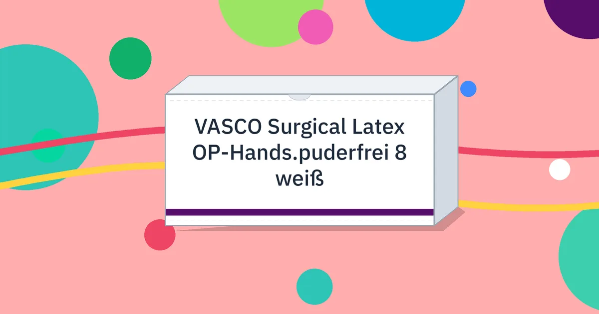 Symbolbild: Packung mit der Aufschrift VASCO Surgical Latex OP-Hands.puderfrei 8 weiß (PZN 20359967) – Verfügbarkeit und Bezug in Apotheken in Frankfurt am Main