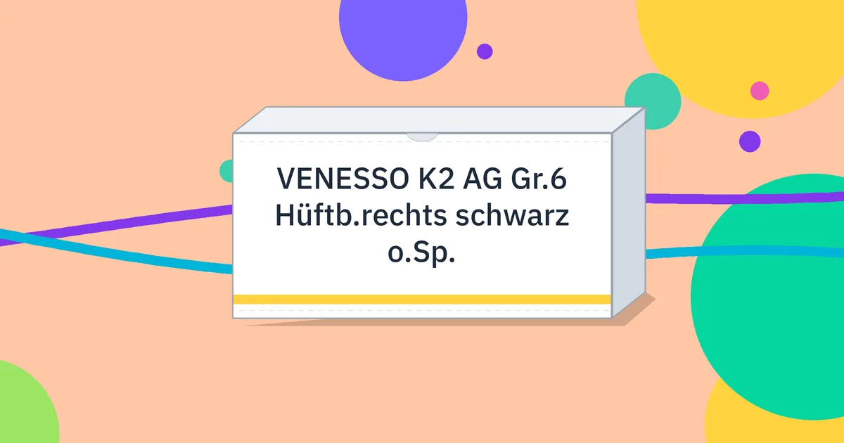 Symbolbild: Packung mit der Aufschrift VENESSO K2 AG Gr.6 Hüftb.rechts schwarz o.Sp. (PZN 03272199) – Verfügbarkeit und Bezug in Apotheken in Frankfurt am Main